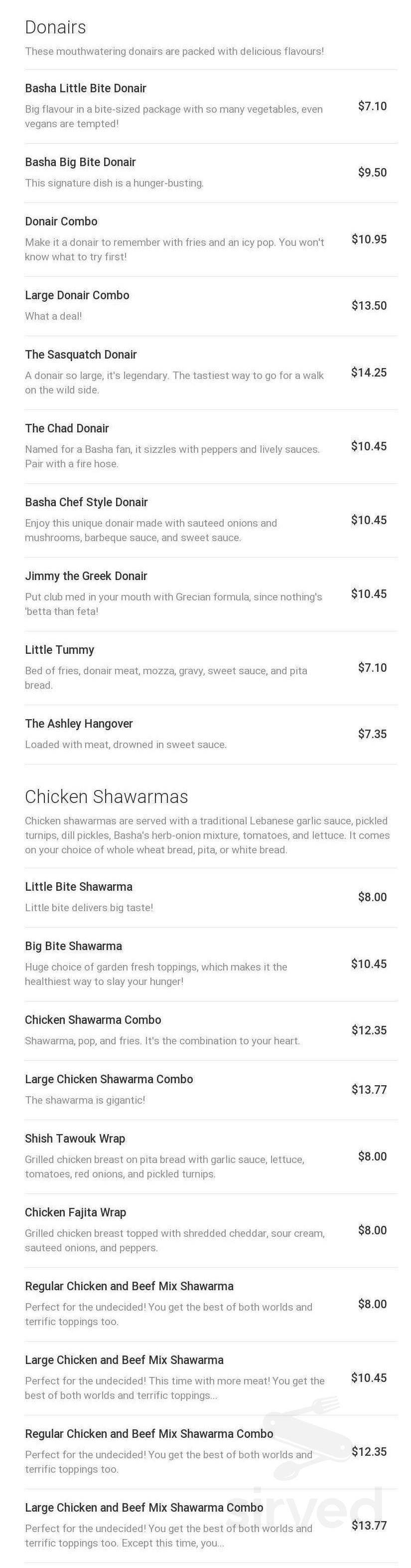 Basha Donair & Shawarma Kelowna menus in Kelowna, British Columbia, Canada
