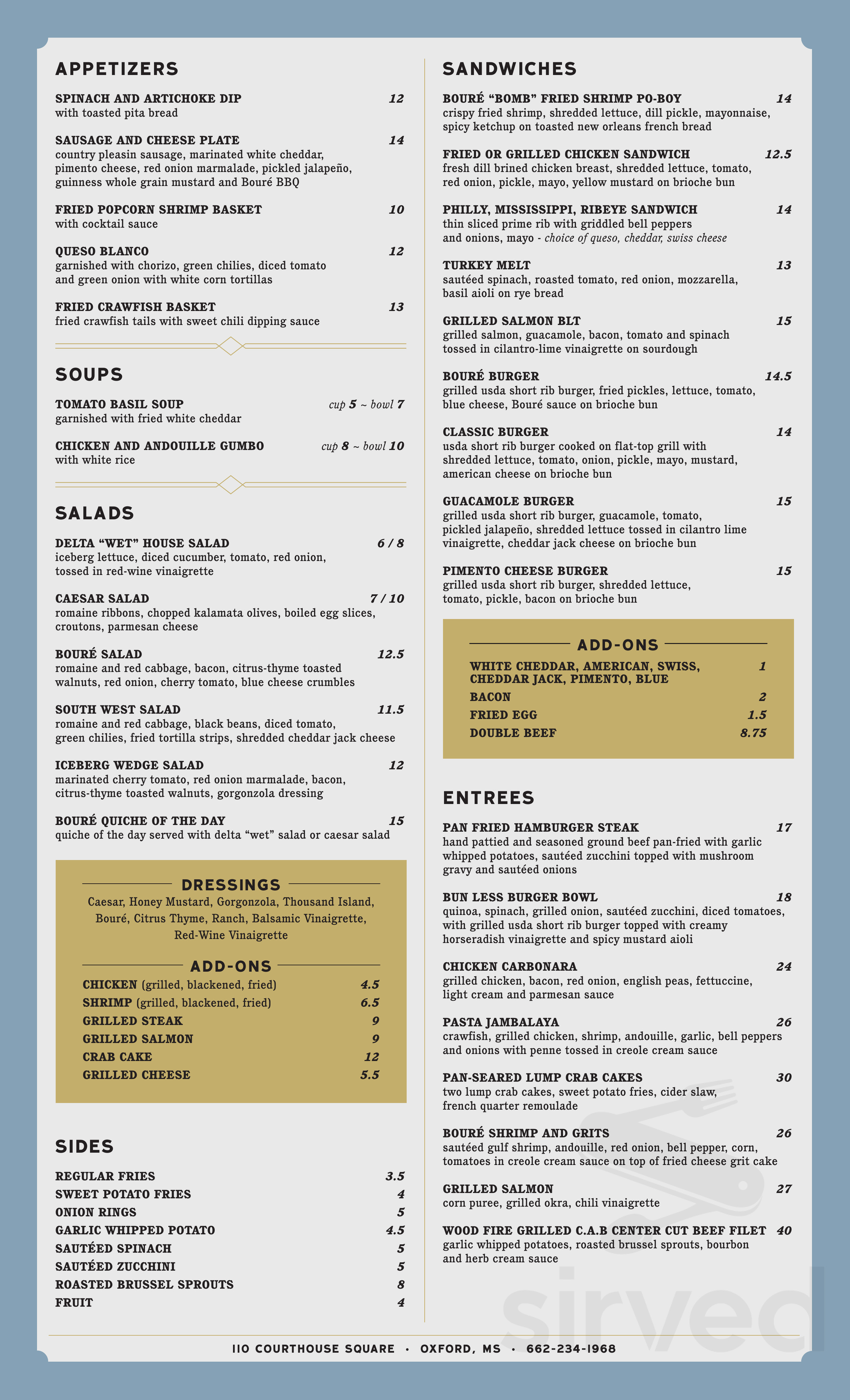 Menu for Boure Restaurant in Oxford, MS | Sirved
