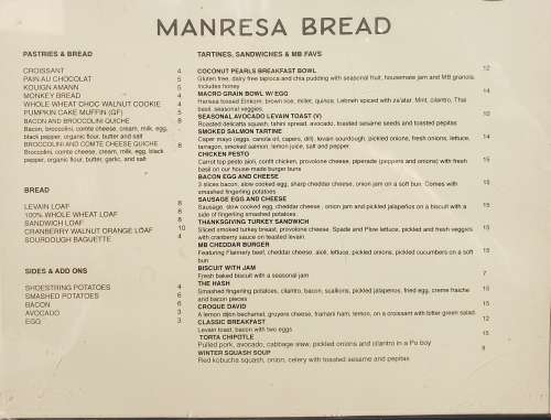 Manresa Bread menu in Los Altos, California, USA
