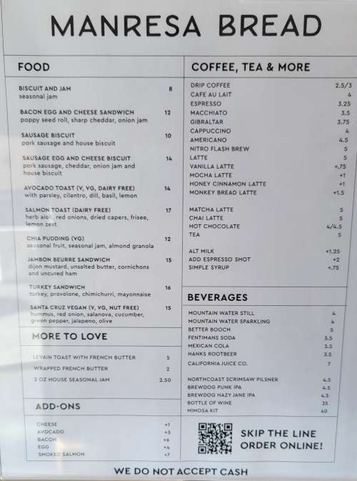 Manresa Bread menu in Campbell, California, USA