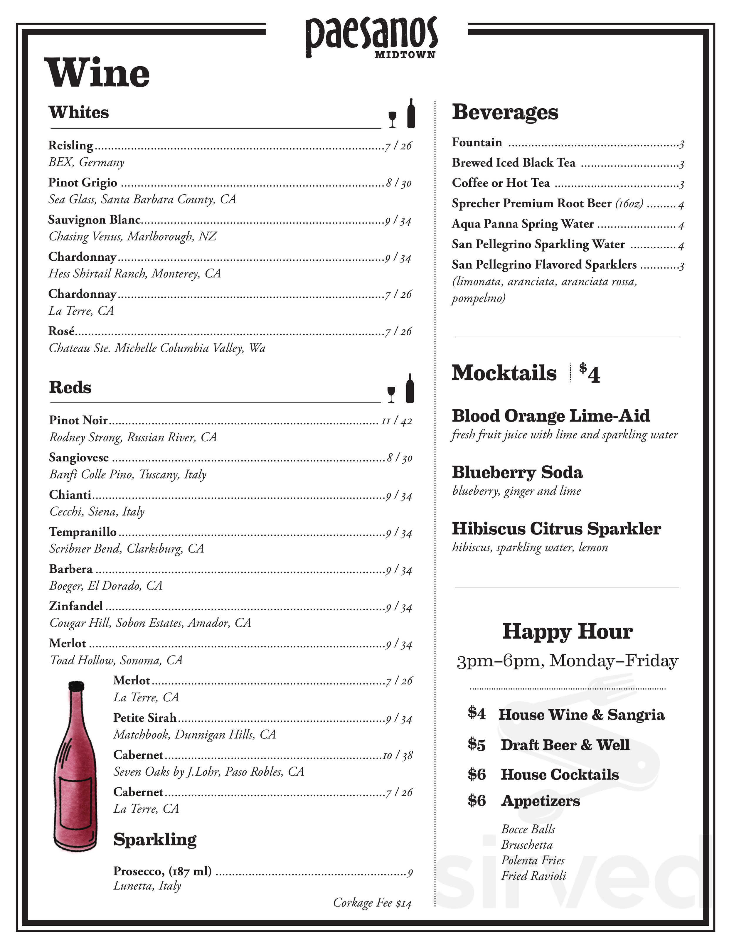 Paesanos menu in Davis, California, USA
