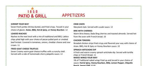 Menu for 1850 Patio Grill in Waterloo, IA | Sirved