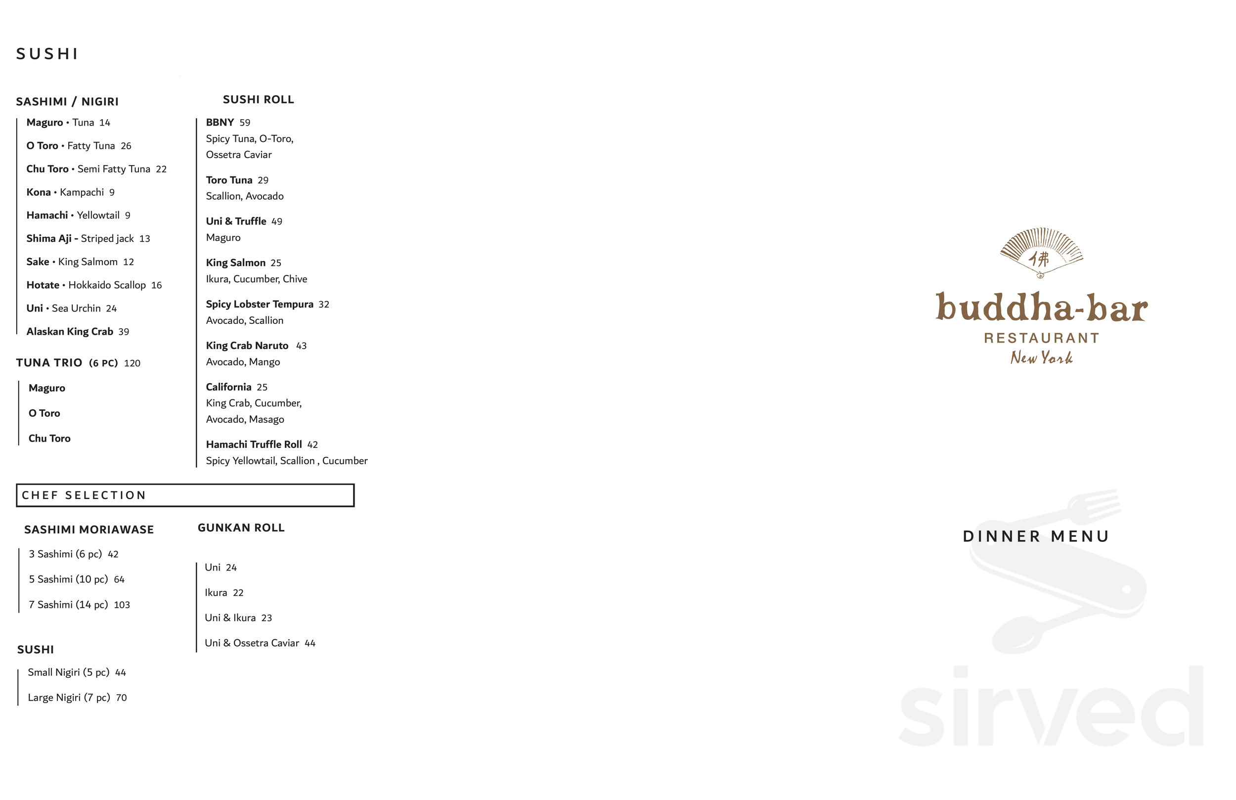 Buddha-Bar Restaurant New York menu in New York, New York, USA