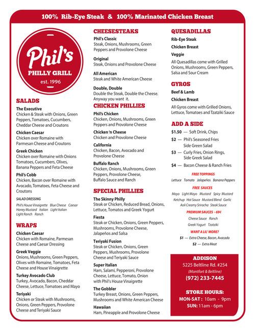 Phil's Philly Grill menu in Cedar Park, Texas, USA