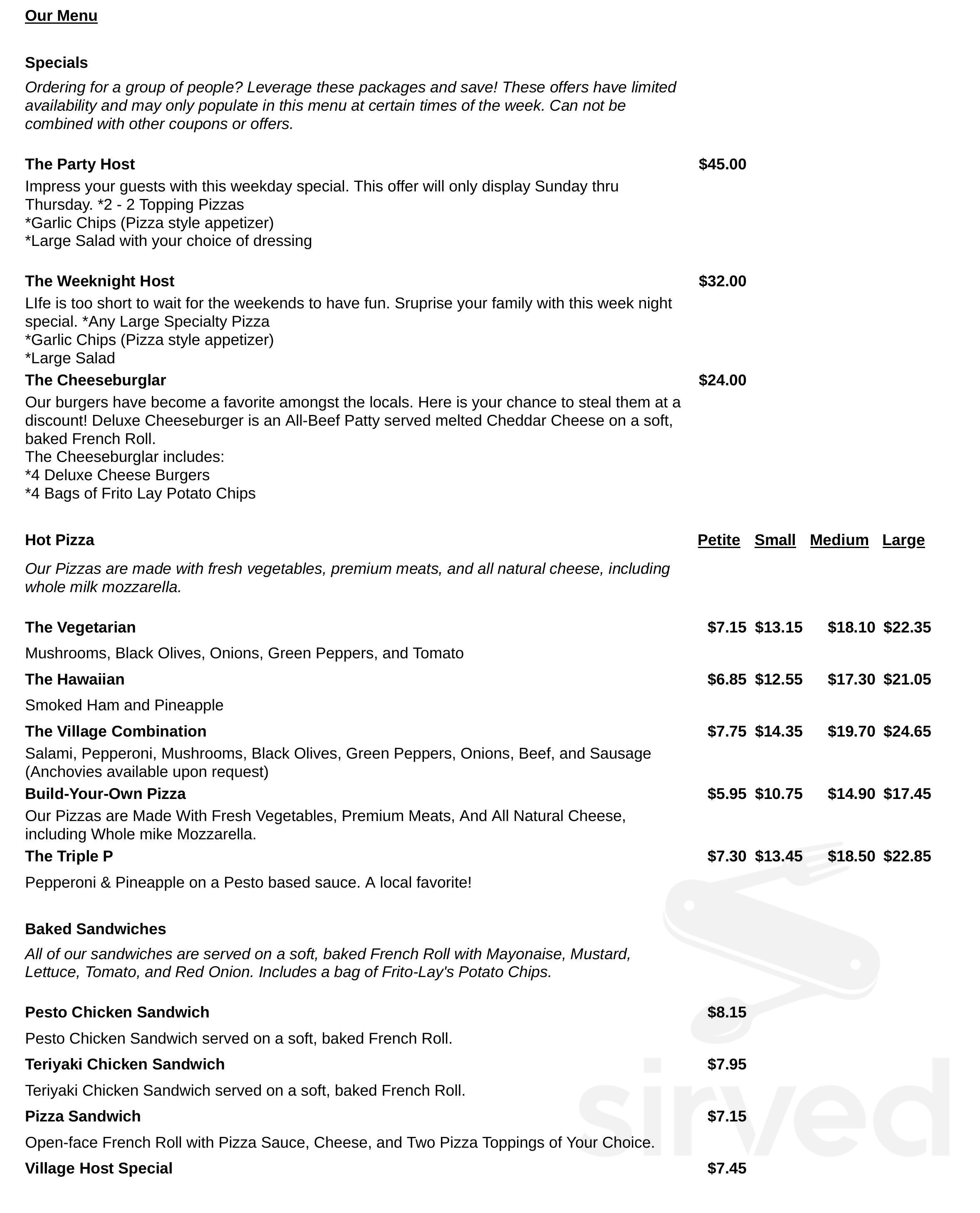 Village Host Pizza & Grill menu in San Luis Obispo, California, USA
