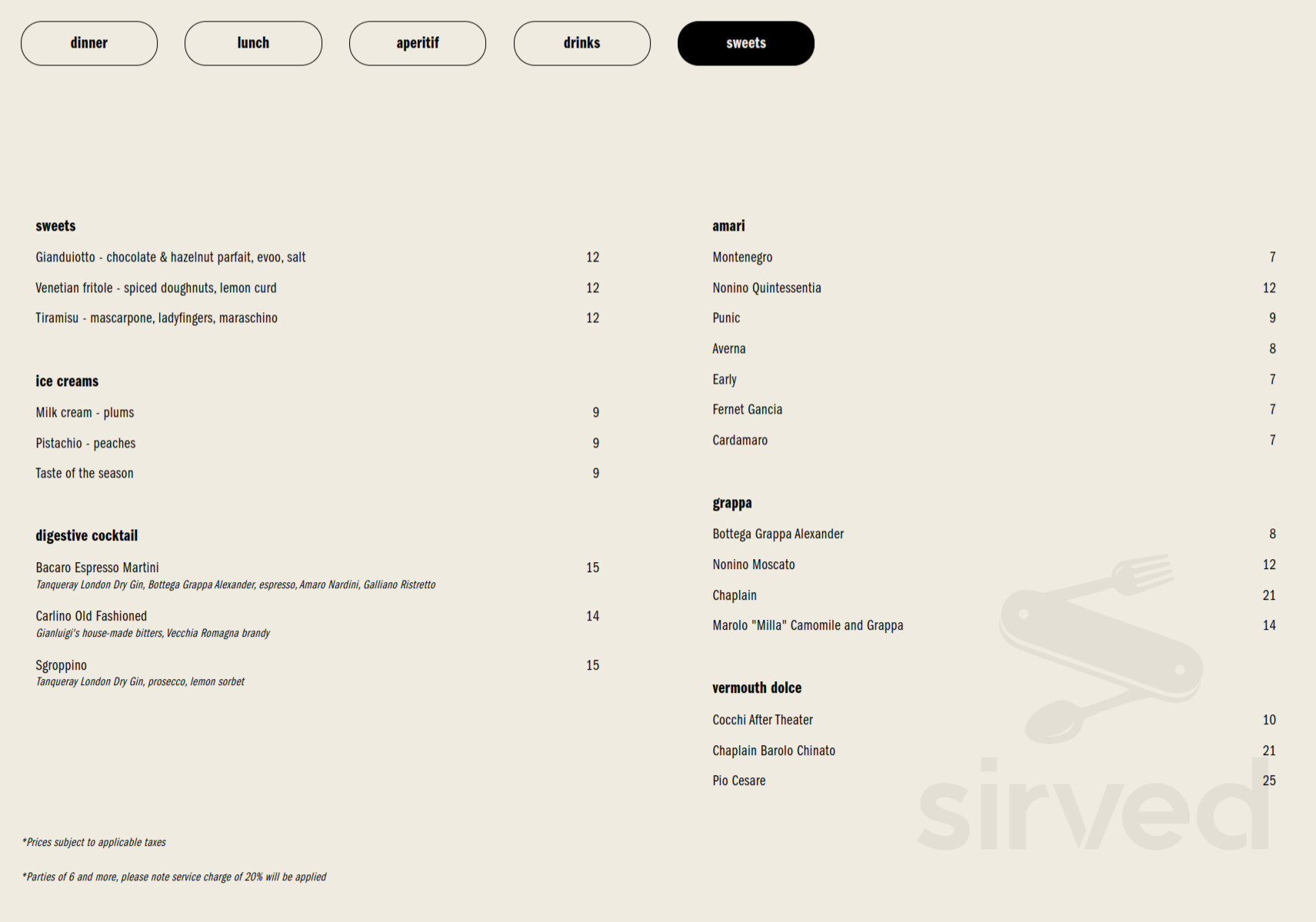 Bacaro menu in Vancouver, British Columbia, Canada