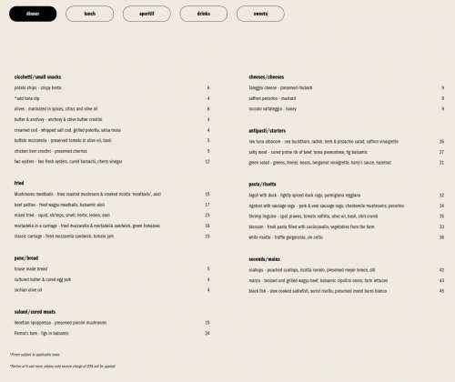 Bacaro menu in Vancouver, British Columbia, Canada