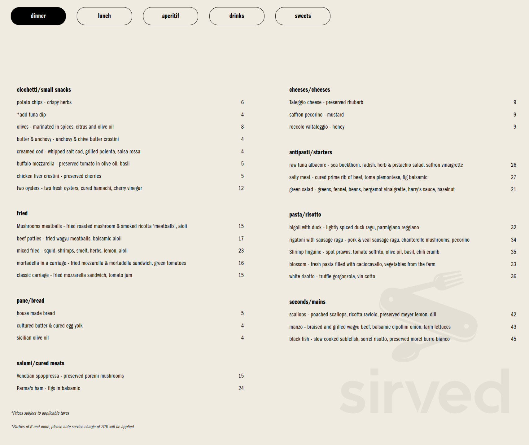 Bacaro menu in Vancouver, British Columbia, Canada