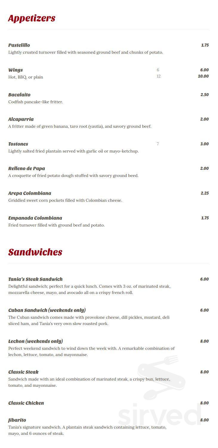 Menu for Tania's in East Chicago, IN | Sirved