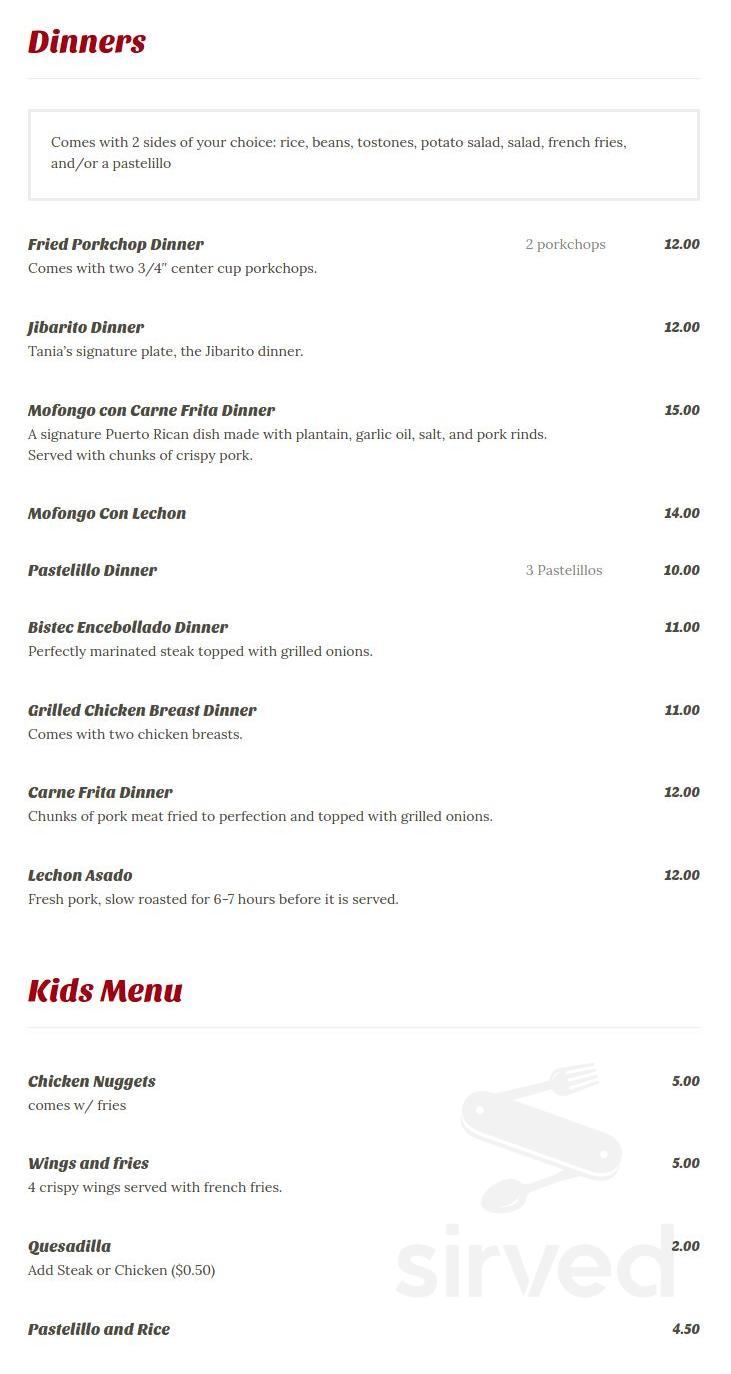 Tania's menu in East Chicago, Indiana, USA