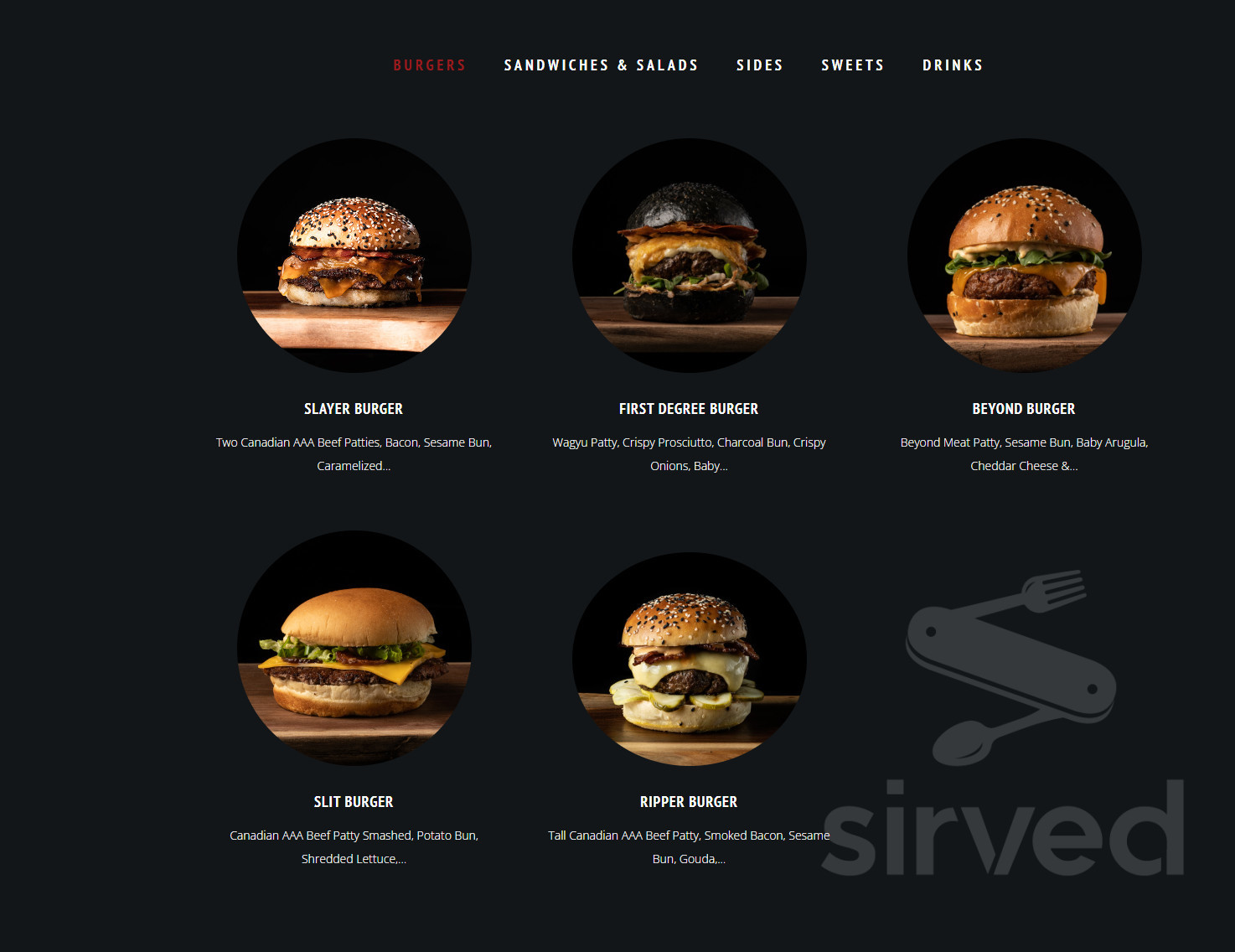 Slayer Burger menu in Toronto, Ontario, Canada