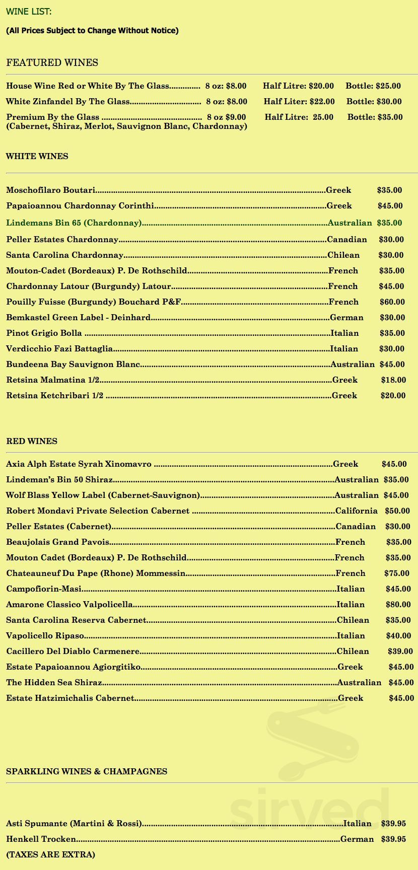 The Arkadia House menus in Scarborough, Ontario, Canada