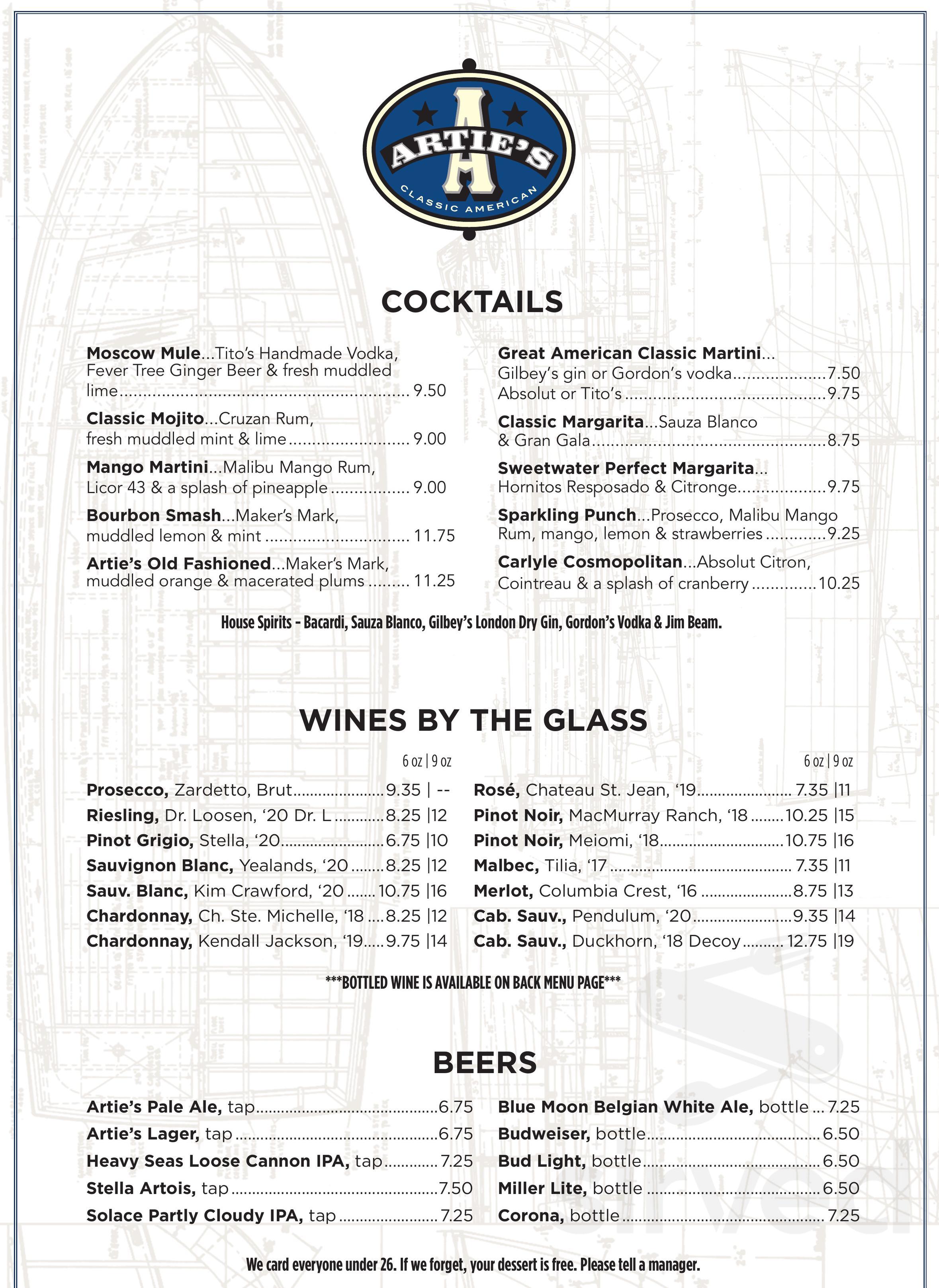 Artie's menu in Fairfax, Virginia, USA