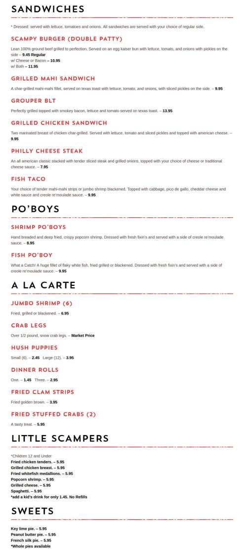Scampy's menu in Panama City Beach, Florida, USA