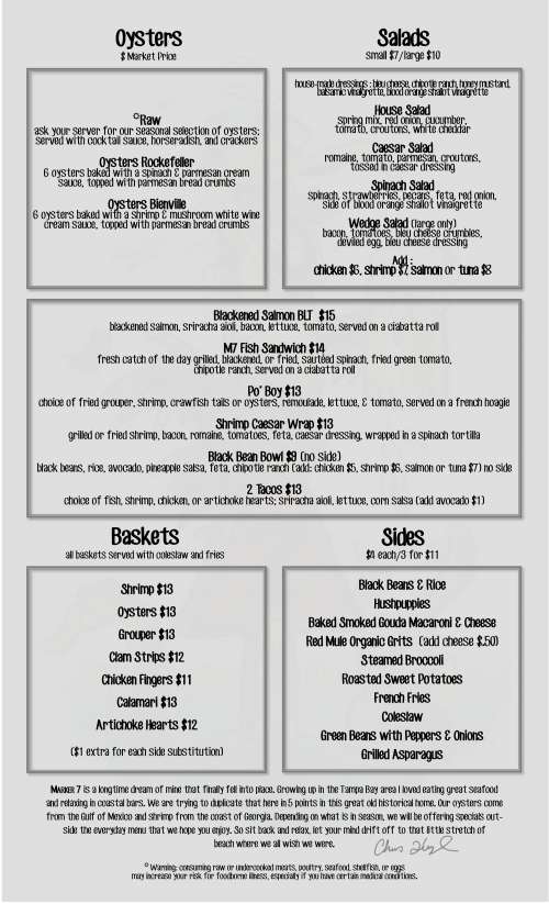 Marker Seven Coastal Grill menu in Athens, Georgia, USA