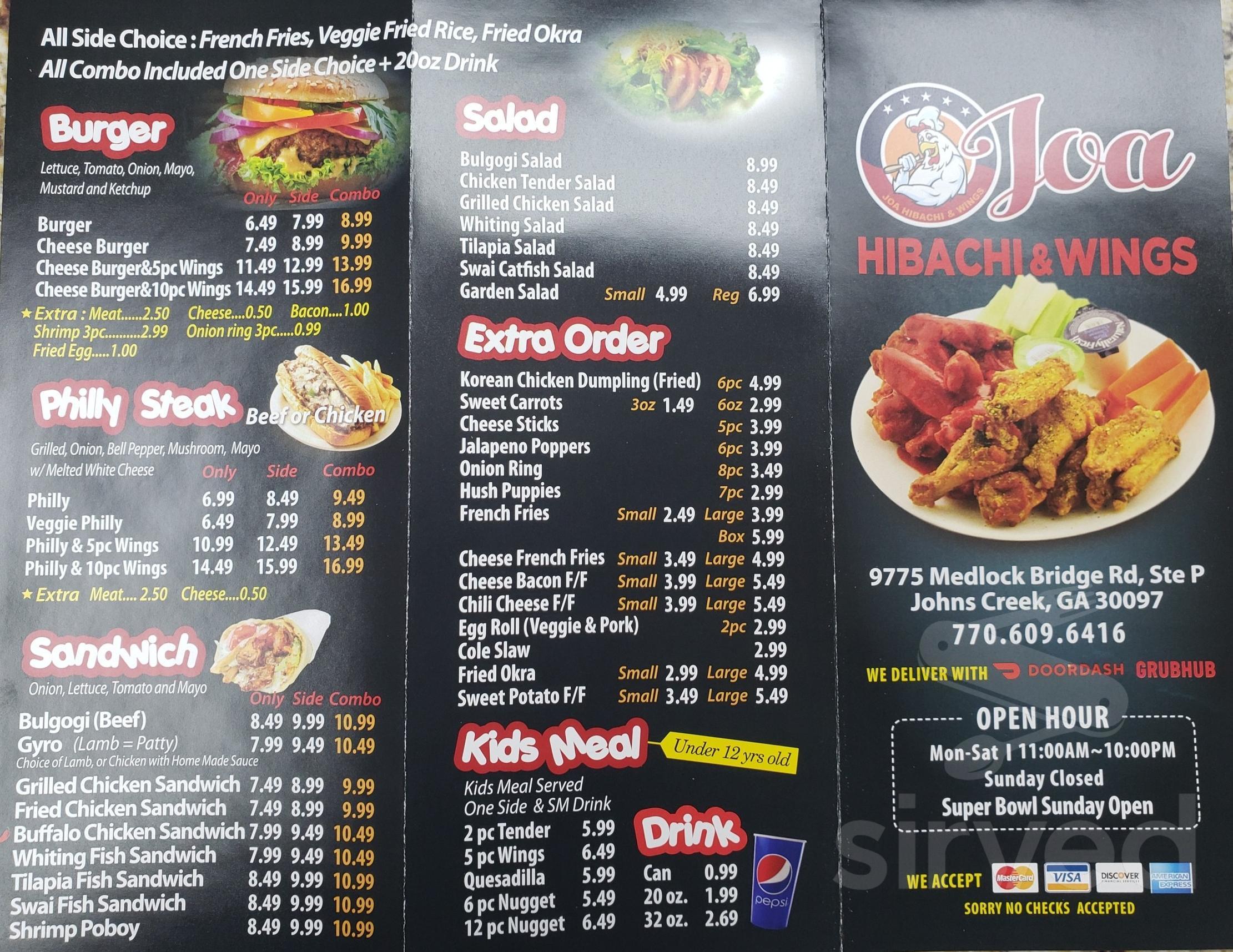 Joa Hibachi & Wings menu in Johns Creek, Georgia, USA
