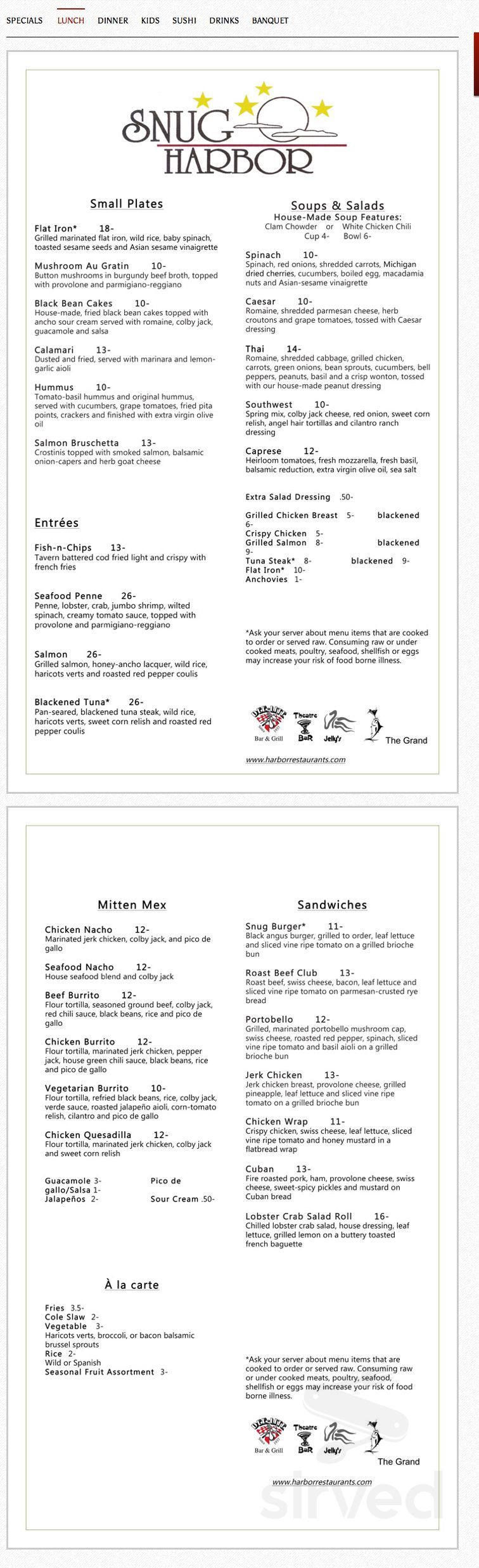 Snug Harbor menu in Grand Haven, Michigan, USA