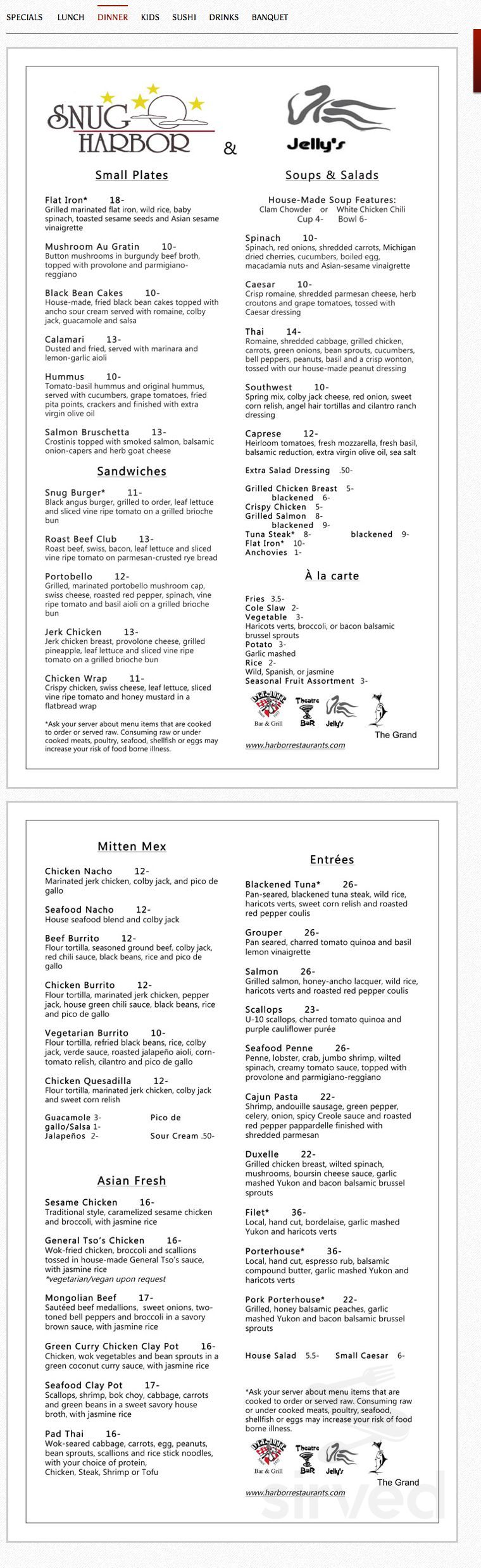 Snug Harbor menu in Grand Haven, Michigan, USA