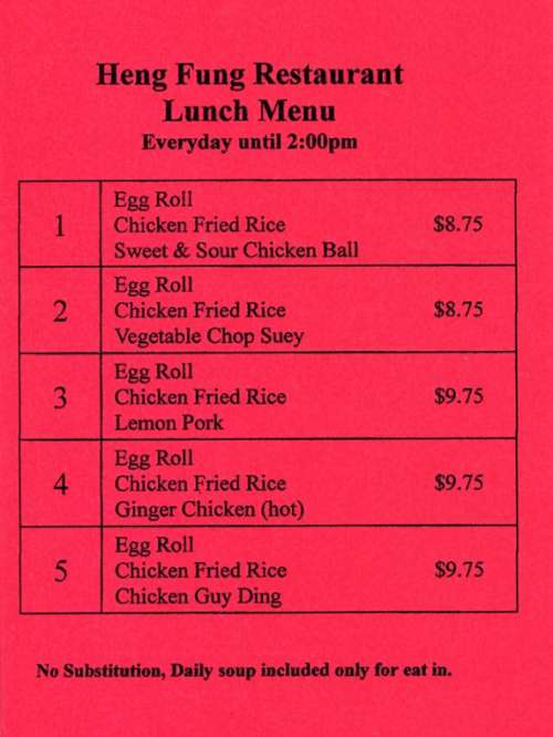Heng Fung Restaurant menu in Dartmouth, Nova Scotia, Canada