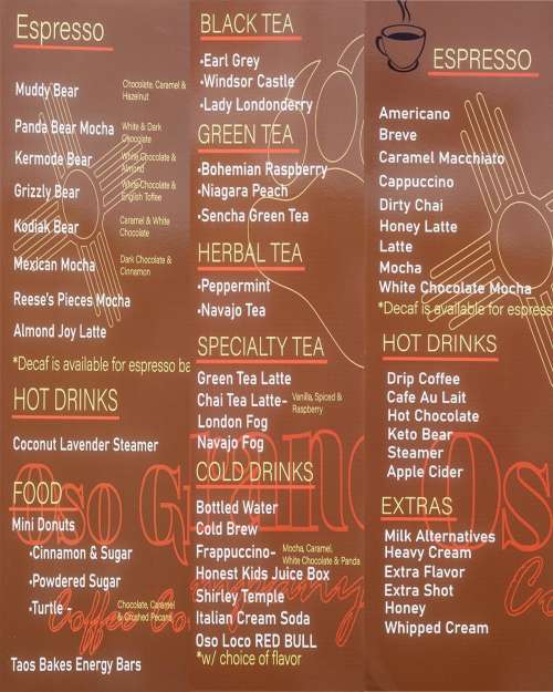 Oso Grande Coffee Company menu in Farmington, New Mexico, USA