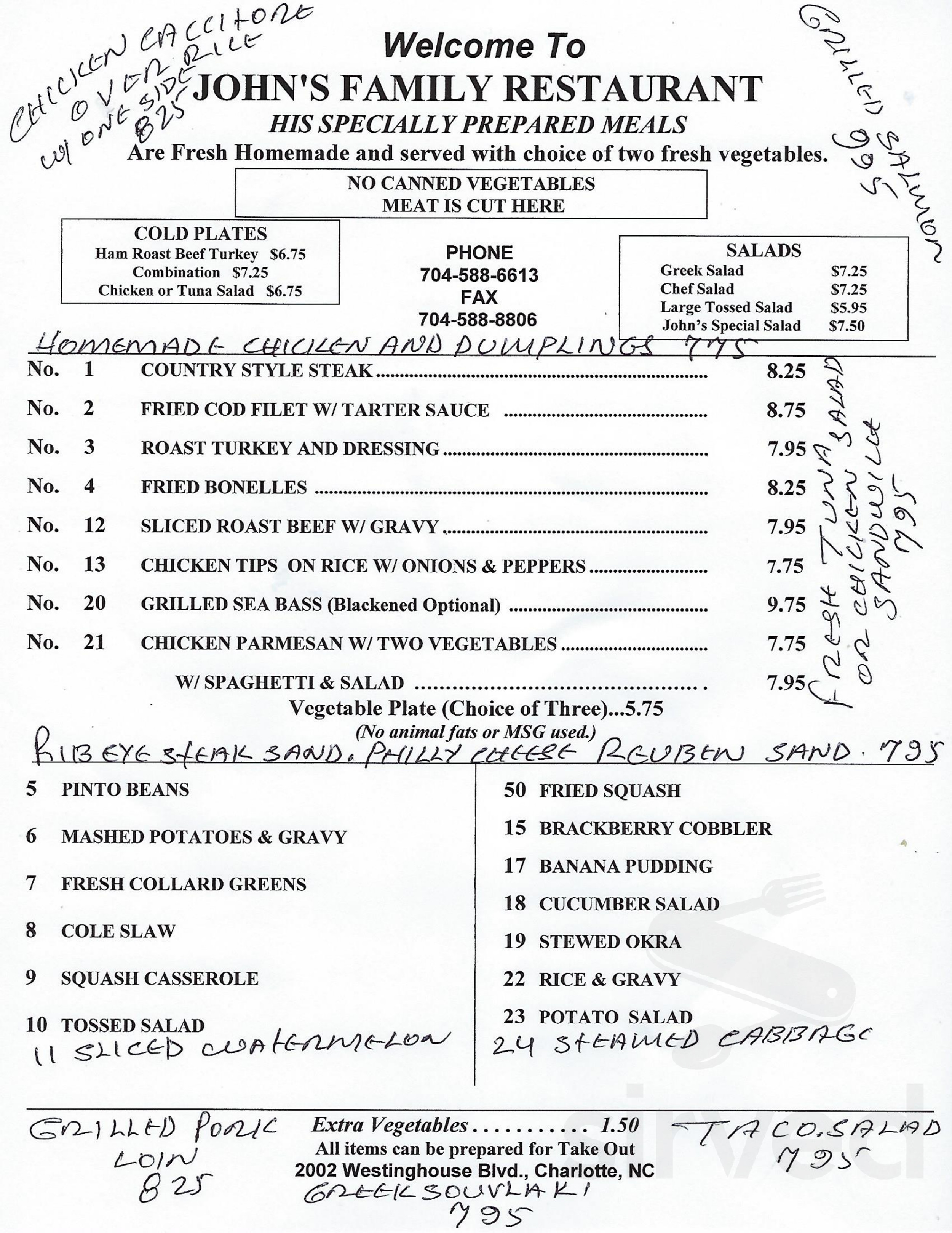 John's Family Restaurant menu in Charlotte, North Carolina, USA