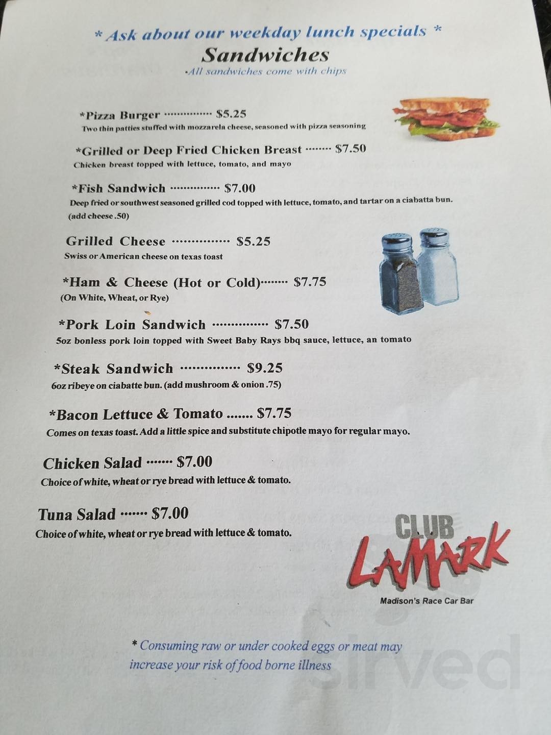 Club LaMark menu in Madison, Wisconsin, USA