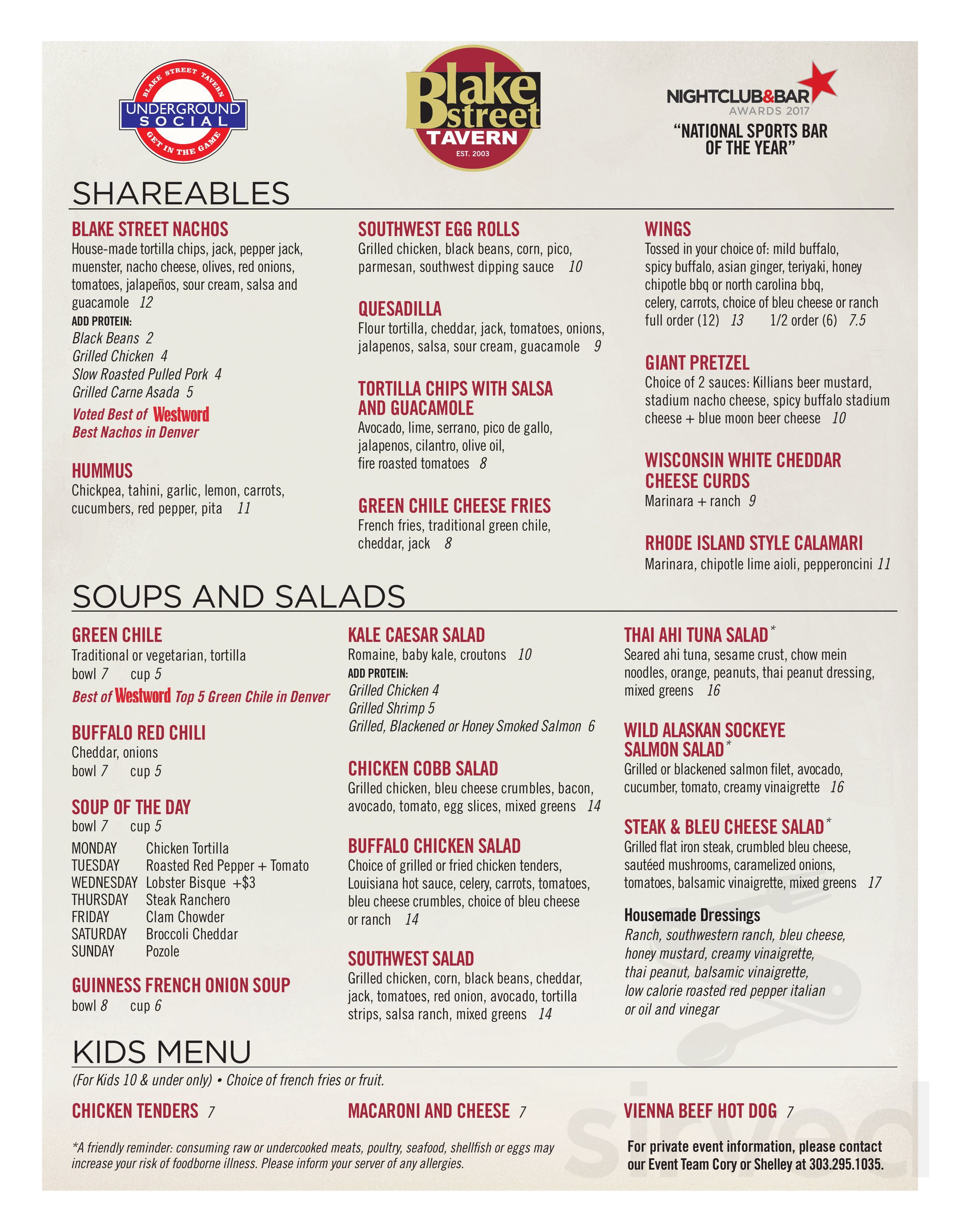 Blake Street Tavern menu in Denver, Colorado, USA
