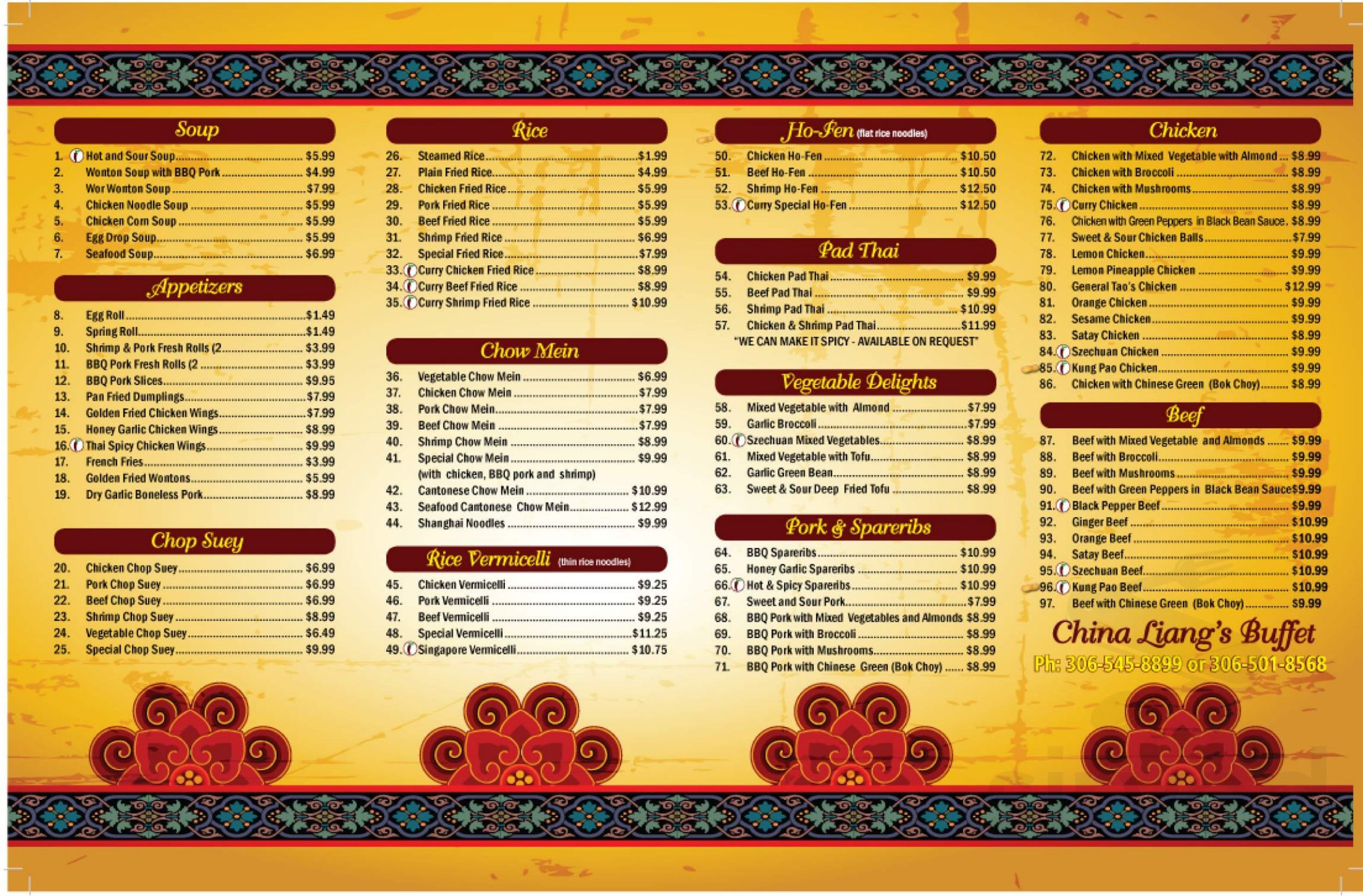 China Liang's Buffet menus in Regina, Saskatchewan, Canada