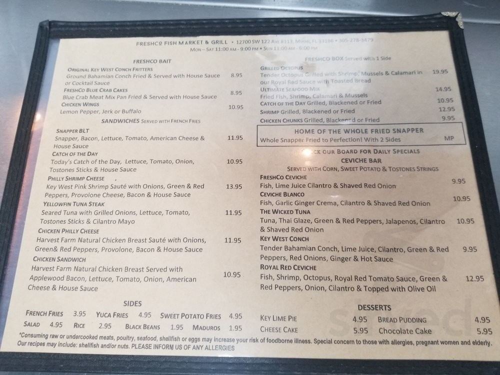 Menu - Miami FL's FreshCo Fish Market & Grill | Sirved
