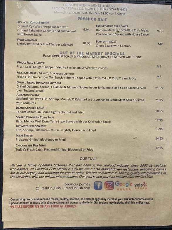 Menu - Miami FL's FreshCo Fish Market & Grill | Sirved