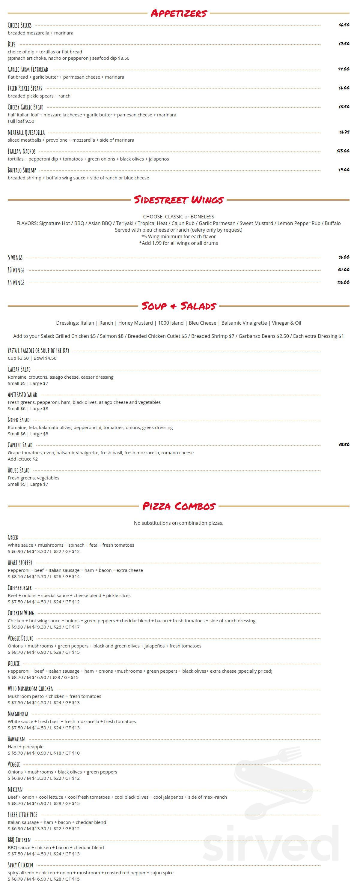 Menu for Sidestreet Pizza & Pasta in Tryon, NC | Sirved