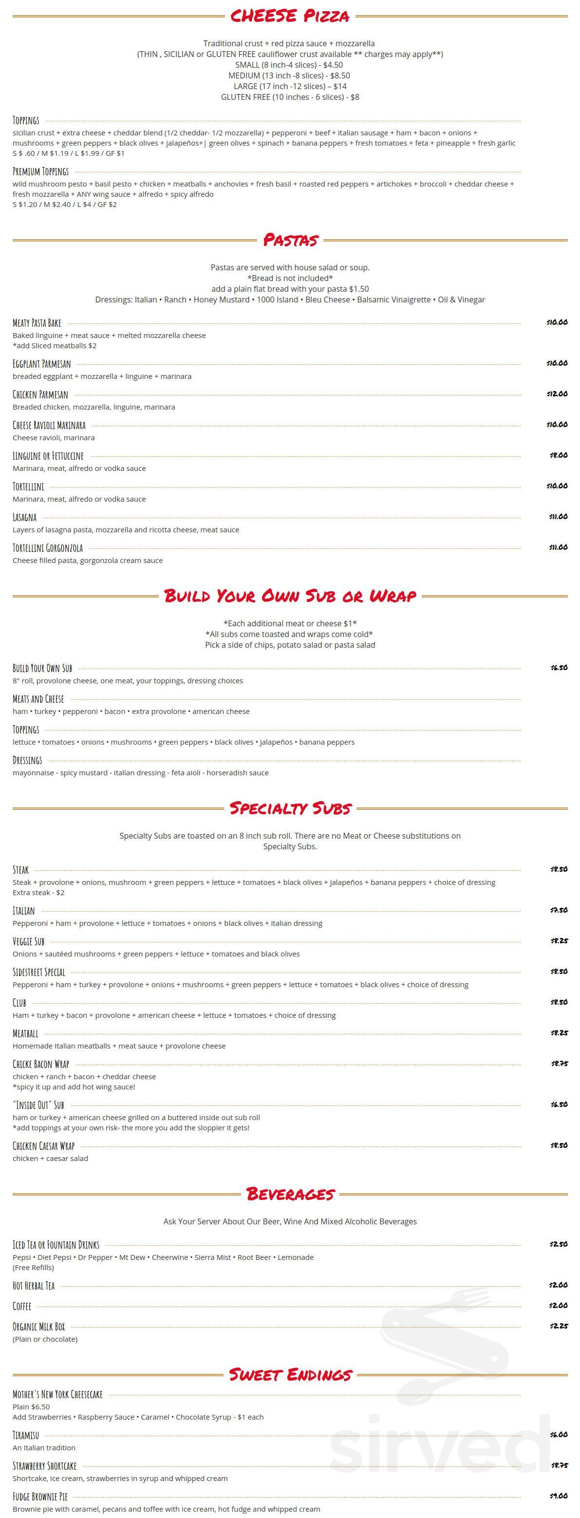Menu - Tryon NC's Sidestreet Pizza & Pasta | Sirved