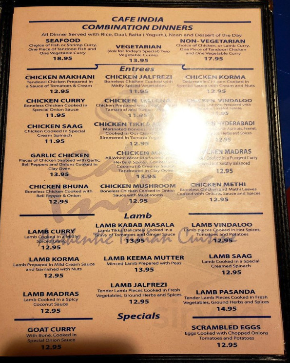 Cafe India Cuisine Visalia menu in Visalia, California, USA