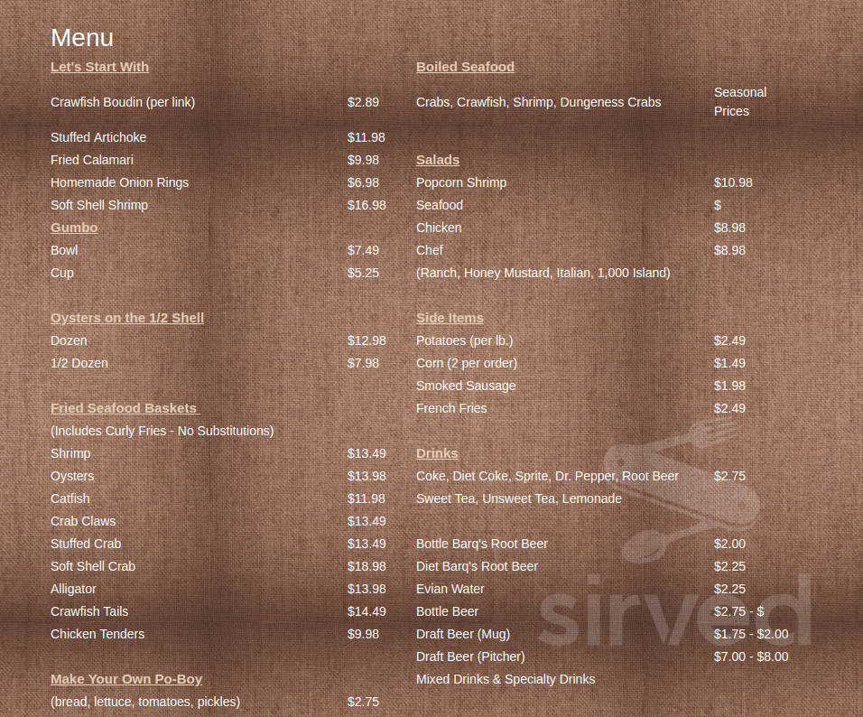Menu for Perino's Boiling Pot in Harvey, LA | Sirved