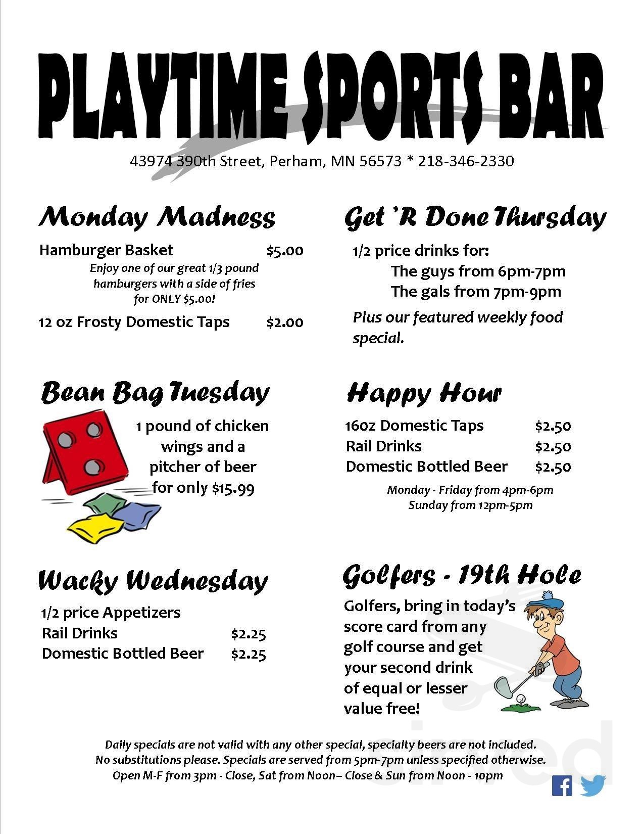 Menu - Perham MN's PlayTime Sports Bar | Sirved