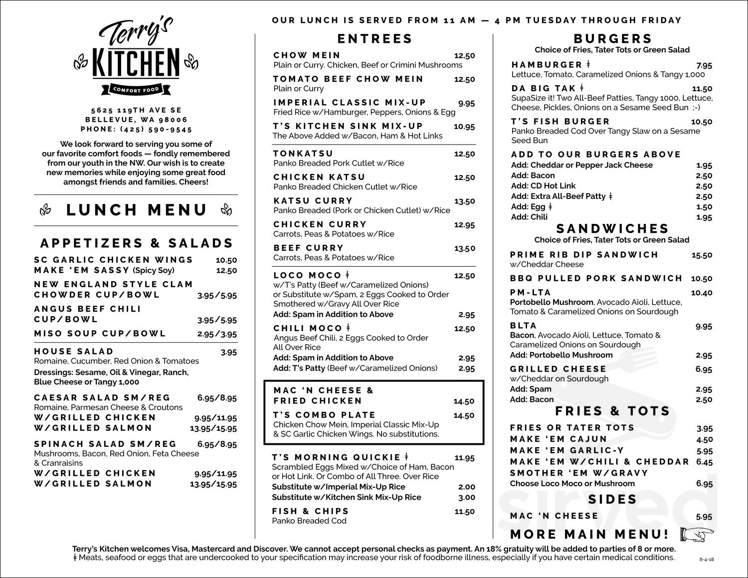 Terry's Kitchen menu in Bellevue, Washington, USA