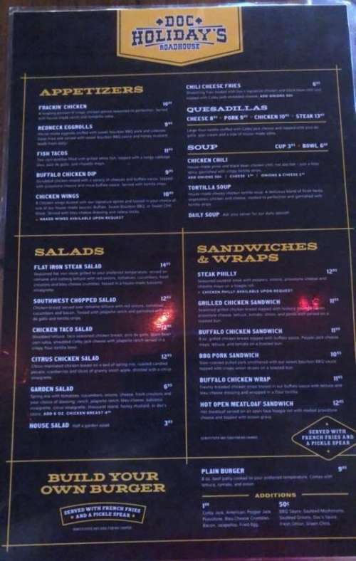 Doc Holliday's Roadhouse menu in Williston, North Dakota, USA