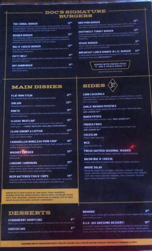Doc Holliday's Roadhouse menu in Williston, North Dakota, USA