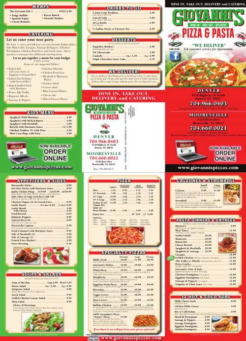 Giovanni's Pizza and Pasta menu in Denver, North Carolina, USA