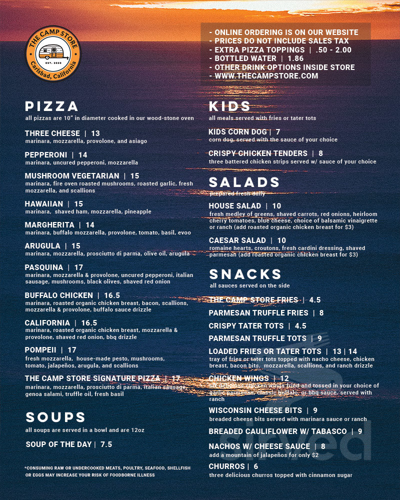 The Camp Store menu in Carlsbad, California, USA