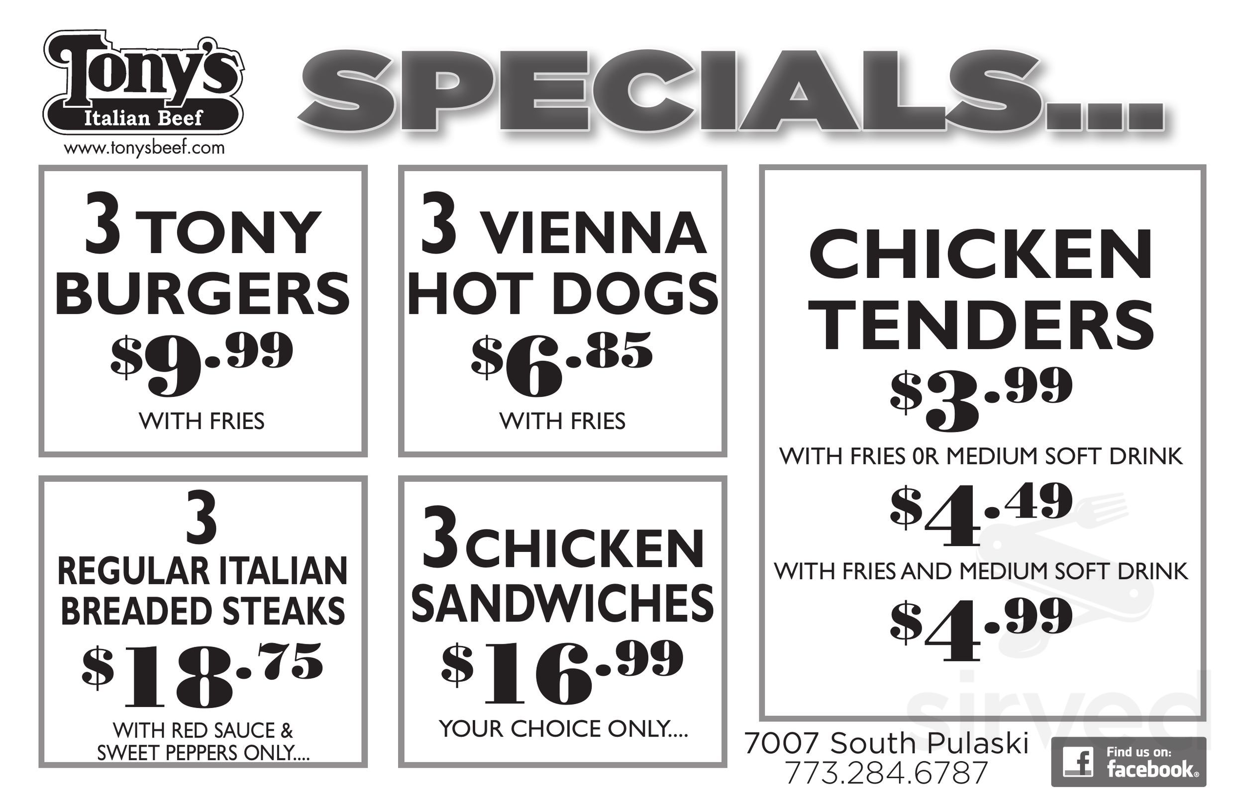 Tony's Italian Beef menu in Chicago, Illinois, USA