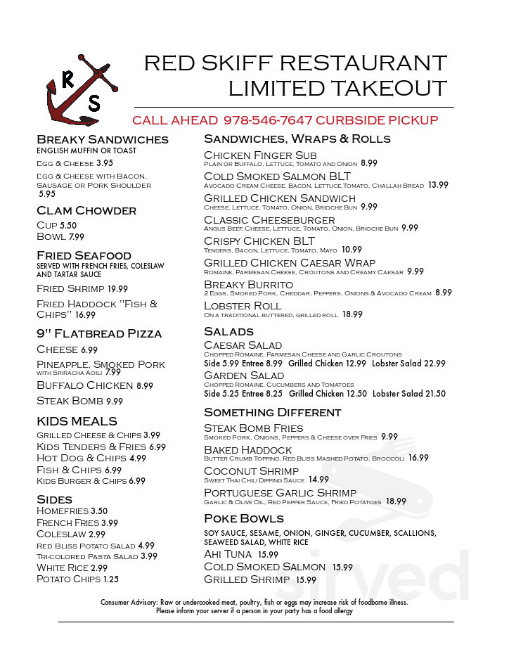 Red Skiff Restaurant menus in Rockport, Massachusetts, United States
