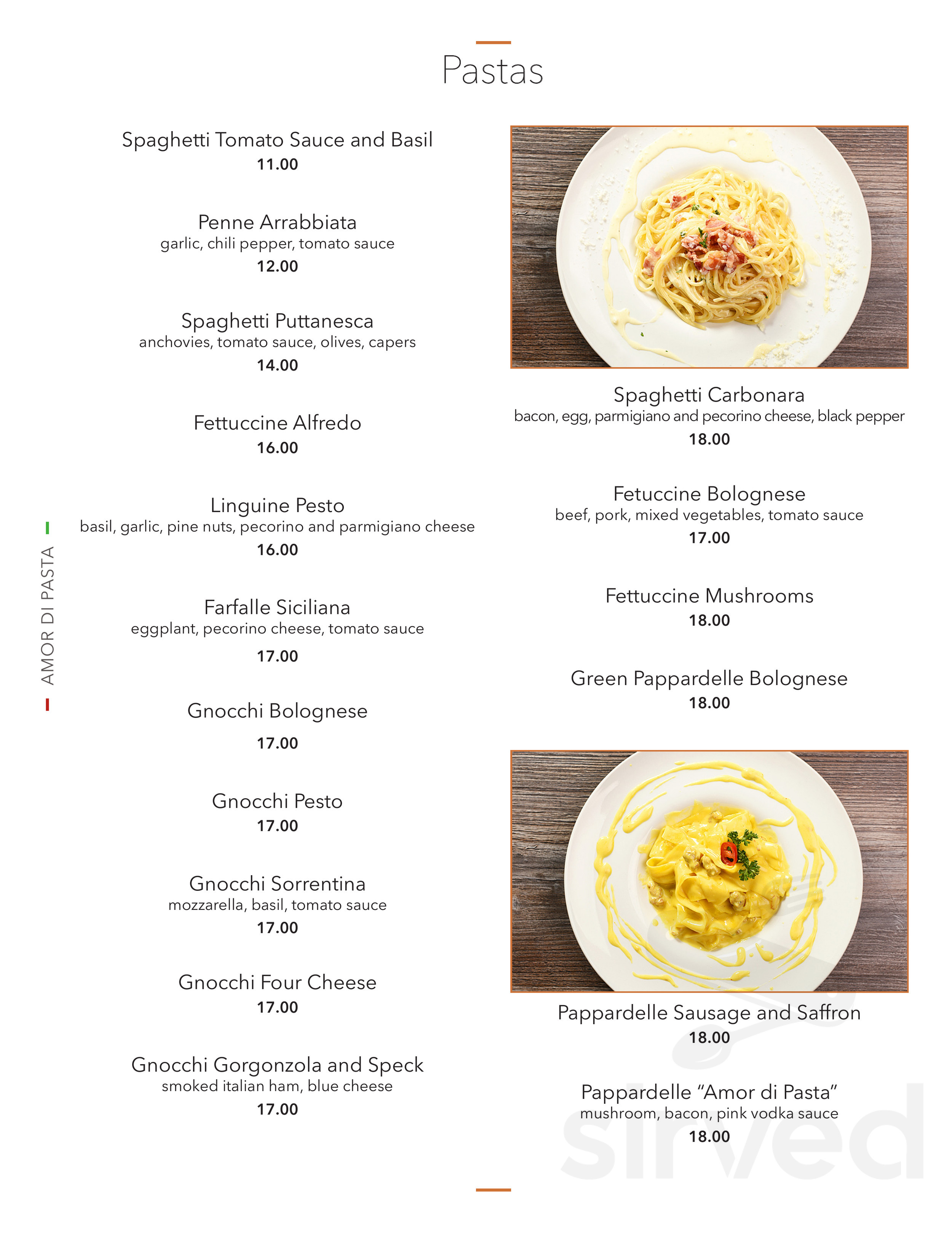 Amor Di Pasta menu in Miami, Florida, USA