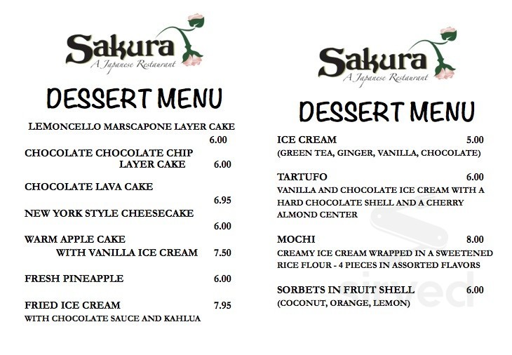 Sakura menu in Westport, Connecticut, USA