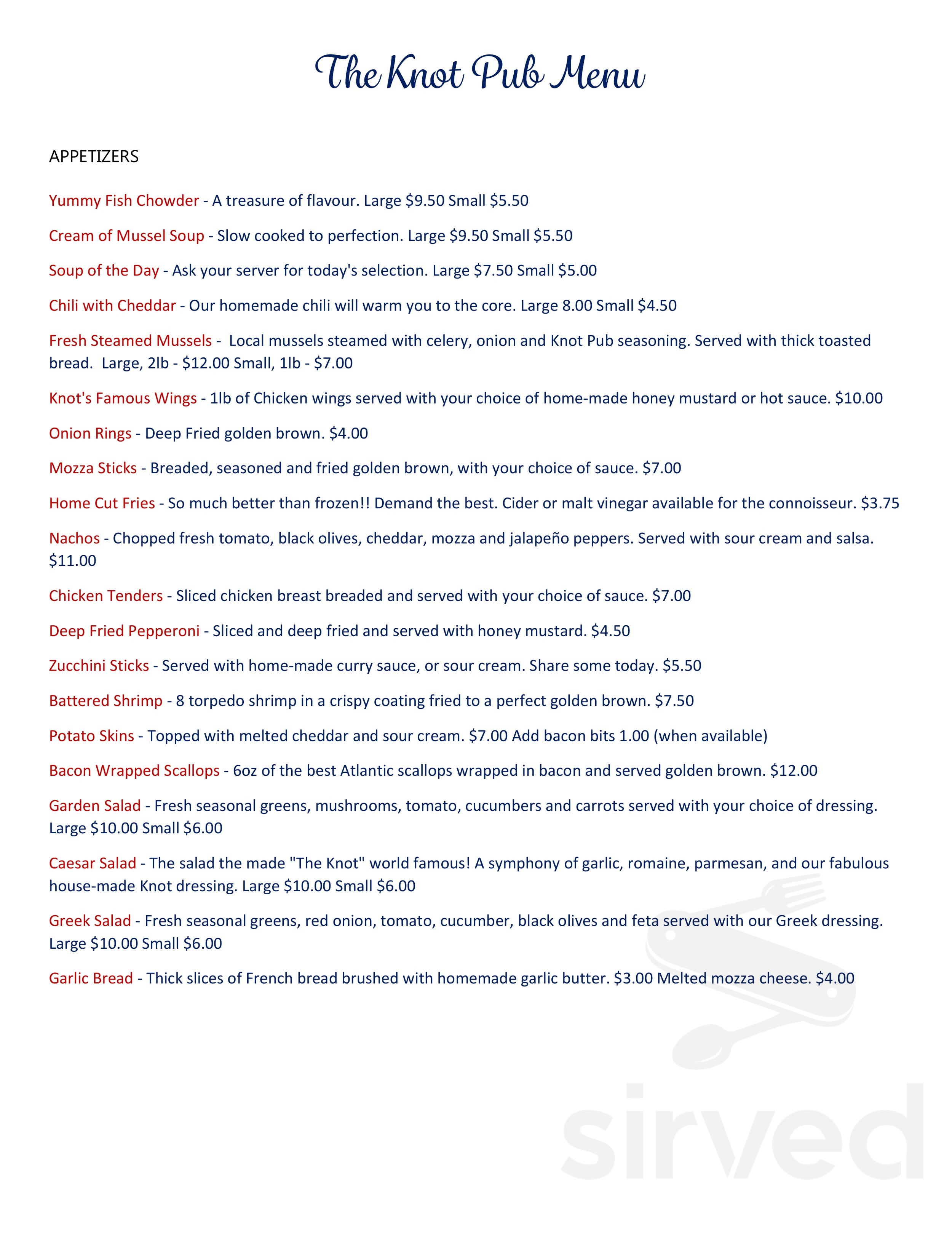 The Knot Pub menu in Lunenburg, Nova Scotia, Canada