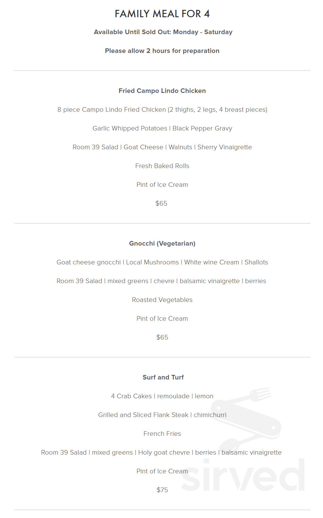Menu - Kansas City MO's Room 39 | Sirved