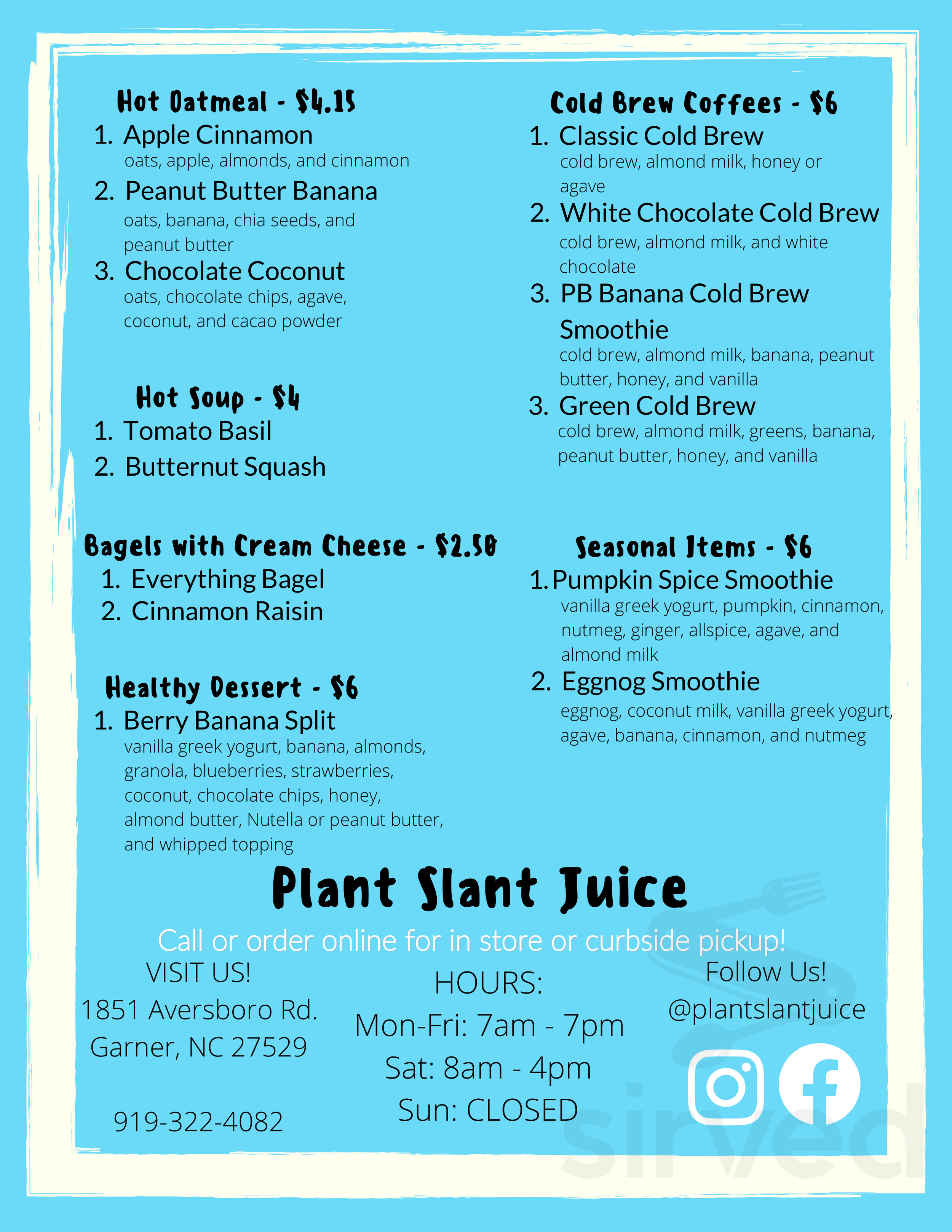 Plant Slant Juice menu in Garner, North Carolina, USA