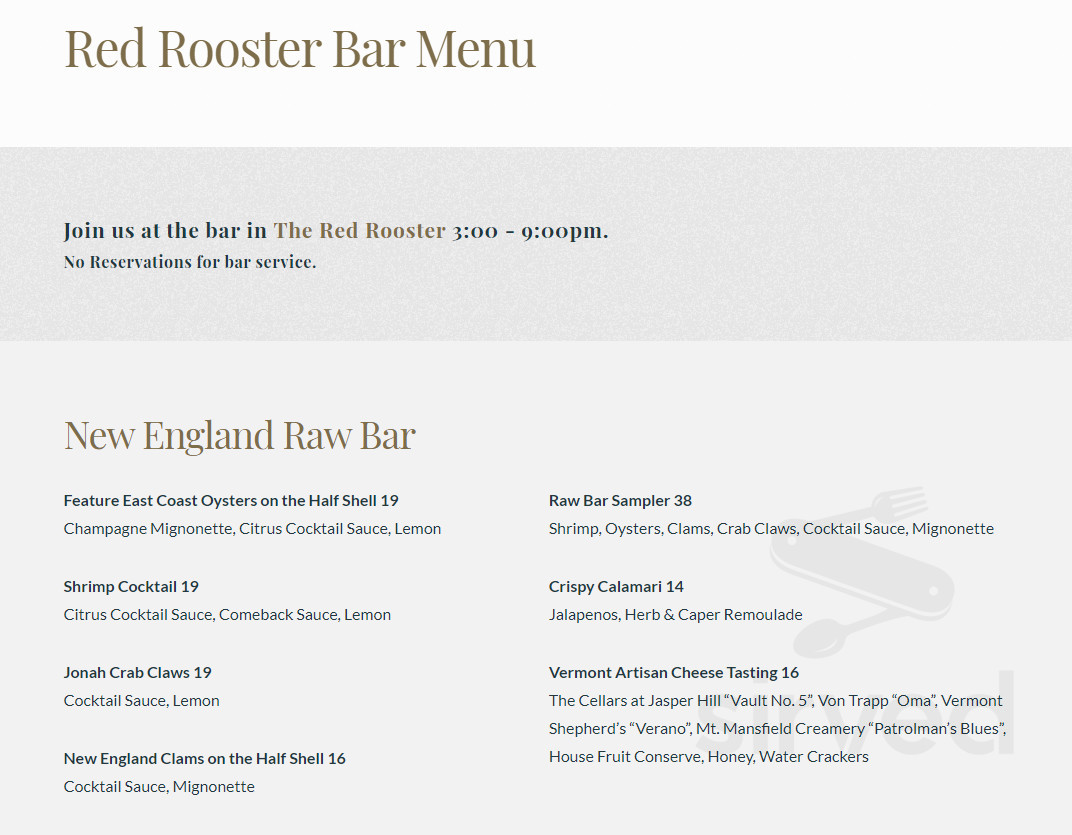 Menu - Woodstock VT's Red Rooster at the Woodstock Inn & Resort | Sirved