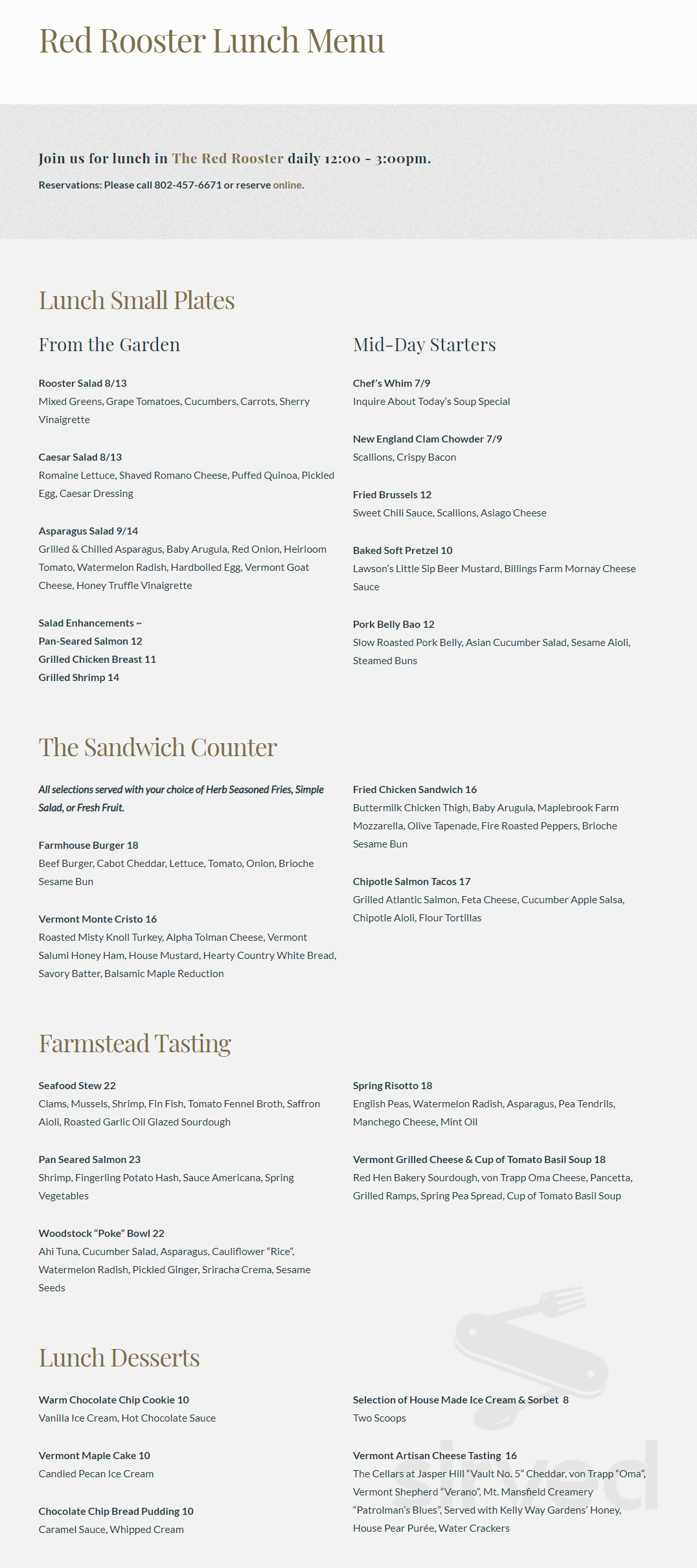 Menu - Woodstock VT's Red Rooster at the Woodstock Inn & Resort | Sirved