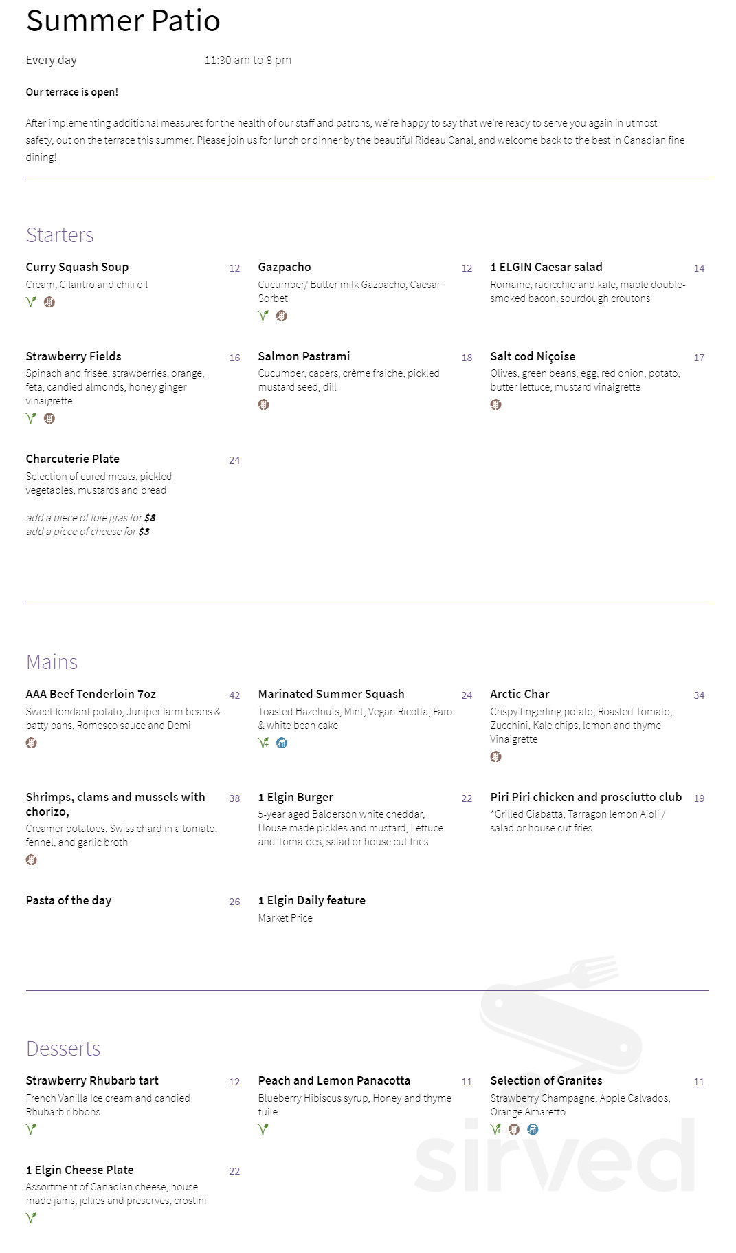 1 Elgin Restaurant menu in Ottawa, Ontario, Canada